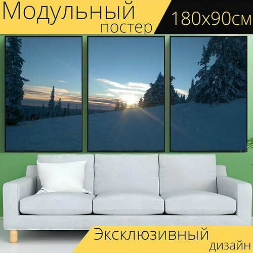 Модульный постер "Зима, заход солнца, голубое небо" 180 x 90 см. для интерьера