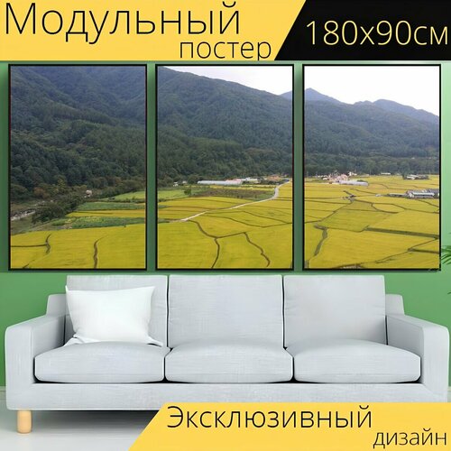 Модульный постер "Рисовые поля, гора, капхён" 180 x 90 см. для интерьера