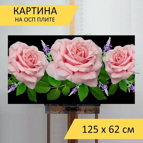 Картина на ОСП 125х62 см. "Цветы, розовый, розы" горизонтальная, для интерьера, с креплениями