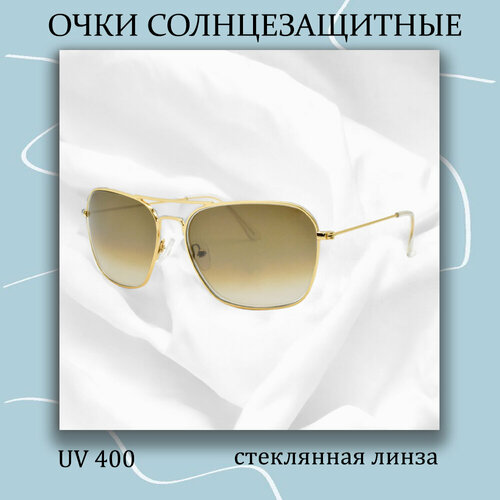 Солнцезащитные очки  Металлическая оправа со стеклянными линзами, коричневый, золотой