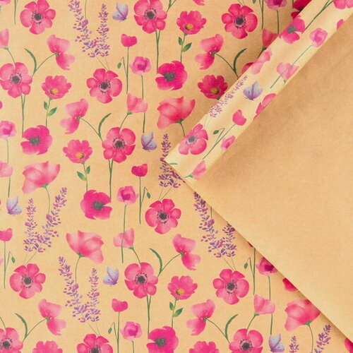 Бумага упаковочная крафтовая "Розовые полевые цветы", 50 x 70 см, 10 шт.