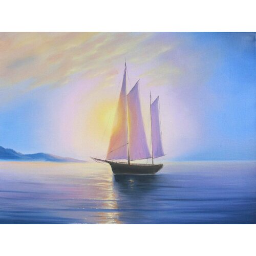 Картина маслом ручной работы "Яхта на закате", холст 40х50 см, для интерьера, море