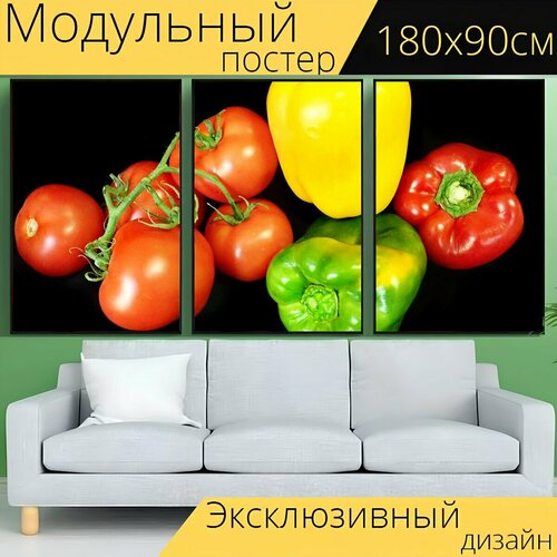 Модульный постер "Овощи, еда, помидоры" 180 x 90 см. для интерьера