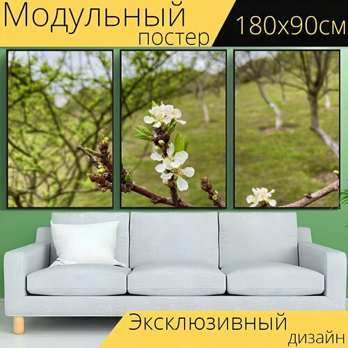 Модульный постер "Весна, ли цветы, белый" 180 x 90 см. для интерьера