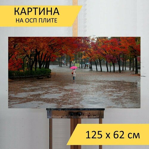 Картина на ОСП 125х62 см. "Осень, женщина, дождь" горизонтальная, для интерьера, с креплениями