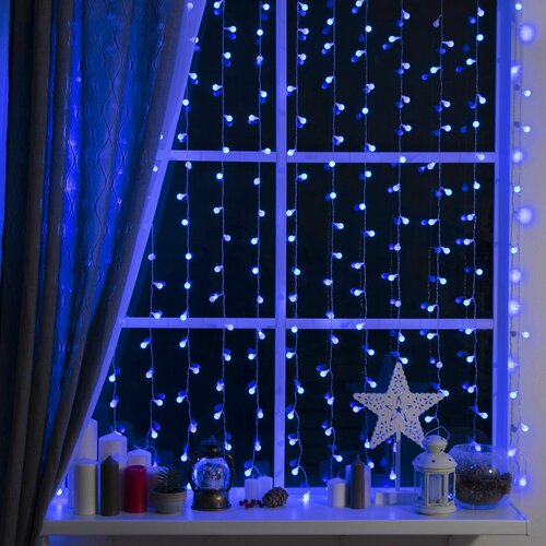 Светодиодная гирлянда-штора "Занавес" с насадками "Шарики", электрогирлянда дождь на окно и фасад дома, интерьерное украшение, праздничное освещение на Новый год, синее свечение, прозрачная нить, 360 LED фонариков, 8 режимов, 2 х 1.5 м, IP20, 220 В