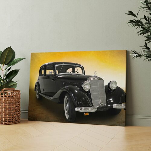 Картина на холсте "Старая черная машина с желтым фоном" 40x60 см. Интерьерная, на стену.