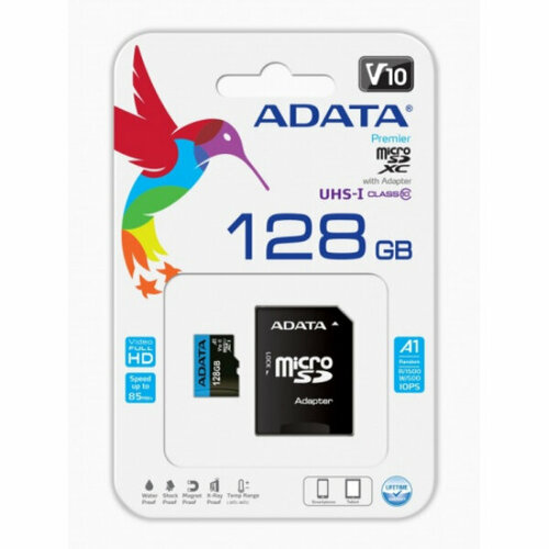 Флеш карта Micro SecureDigital 128Gb ADATA AUSDX128GUICL10A1-RA1 (MicroSDXC Class 10 UHS-I, SD adapter)