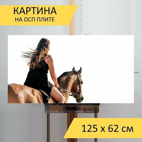 Картина на ОСП 125х62 см. "Лошадь, женщина, верхом на лошади" горизонтальная, для интерьера, с креплениями