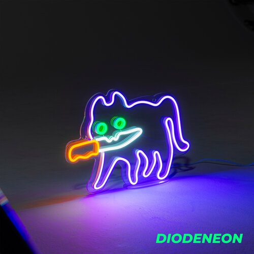 DIODENEON / Неоновый светильник - Кот с ножом мем 40х27 см, неоновая вывеска, гибкий неон, ночник