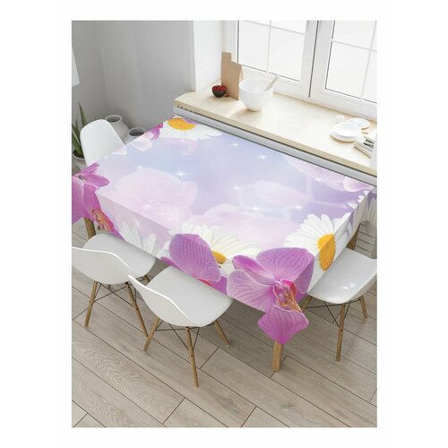 Прямоугольная тканевая скатерть на стол JoyArty с рисунком "Орхидея и ромашки" 120 на 145 см, серия 8 марта