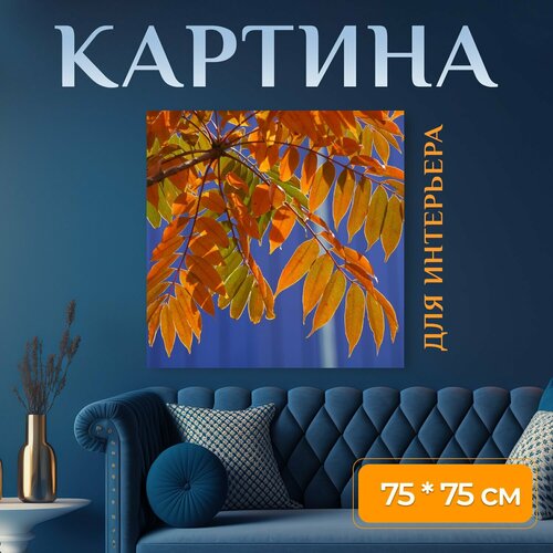 Картина на холсте "Желтые листья, осенние листья, красный" на подрамнике 75х75 см. для интерьера