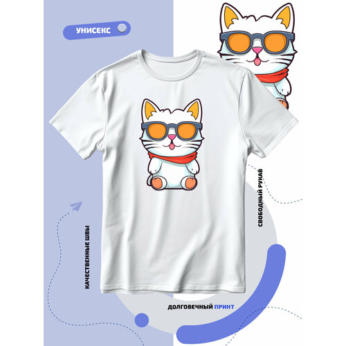 Футболка SMAIL-P белый кот в оранжевых очках с шарфом высунул язык, размер 3XS, белый