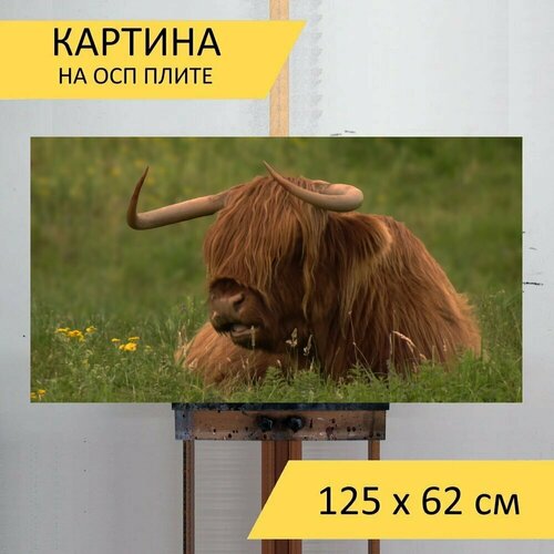 Картина на ОСП 125х62 см. "Высокогорная корова, животное, корова" горизонтальная, для интерьера, с креплениями