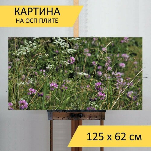Картина на ОСП 125х62 см. "Запах, полевые цветы, трава" горизонтальная, для интерьера, с креплениями