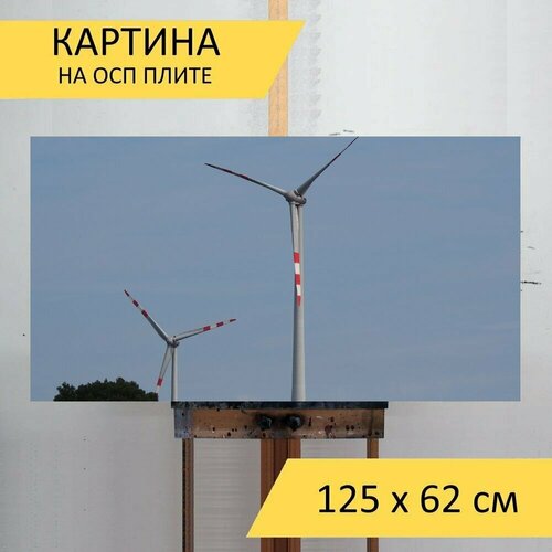 Картина на ОСП 125х62 см. "Мельница, ветровая энергия, возобновляемые источники энергии" горизонтальная, для интерьера, с креплениями