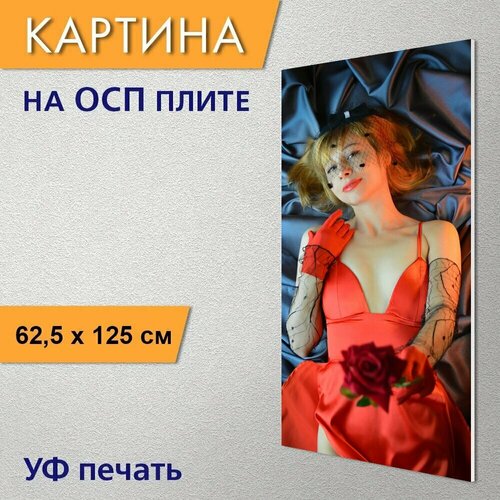 Вертикальная картина на ОСП "Женщина, вуаль, роза" 62x125 см. для интерьериа