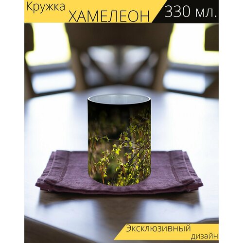 Кружка хамелеон с принтом "Весна, береза, воробей" 330 мл.