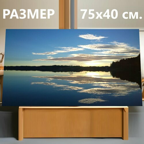 Картина на холсте "Озеро, небо, заход солнца" на подрамнике 75х40 см. для интерьера