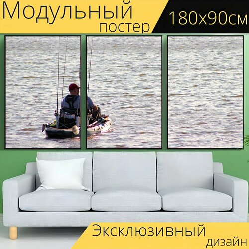 Модульный постер "Каяк, озеро, вода" 180 x 90 см. для интерьера