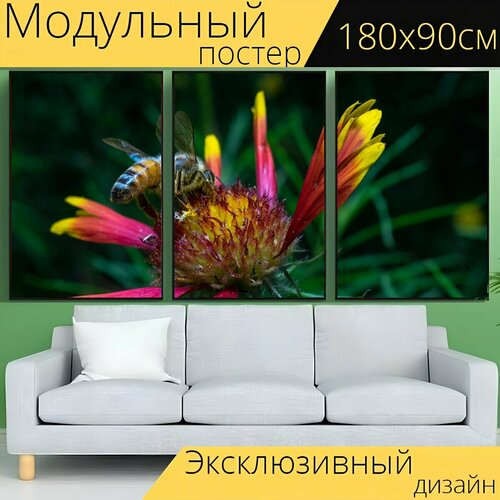Модульный постер "Пчела, зеленый, цветок" 180 x 90 см. для интерьера