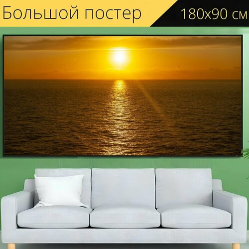 Большой постер "Заход солнца, восход солнца, море" 180 x 90 см. для интерьера