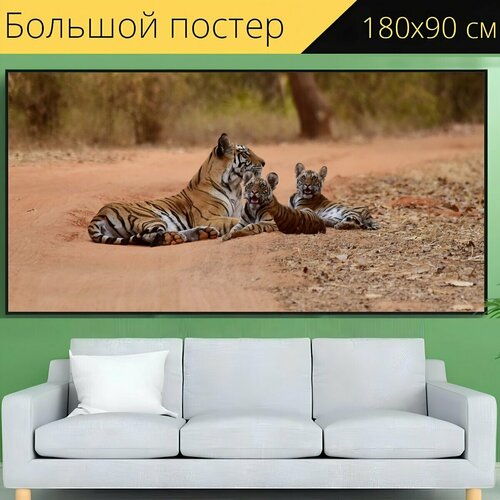 Большой постер "Тигр, животное, дикая природа" 180 x 90 см. для интерьера