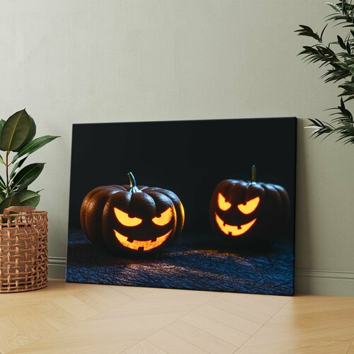 Картина на холсте (Хэллоуин атрибуты тыквы и Джек) 30x40 см. Интерьерная, на стену.