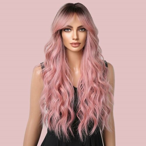 Женский парик, Парик женский длинные волосы, Большая волнистая голова с длинными волосами Градиент розовый