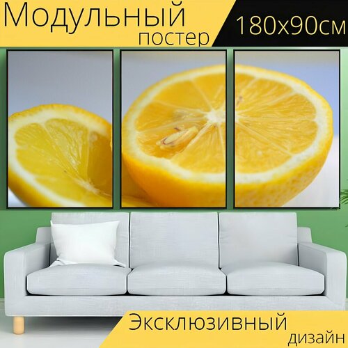 Модульный постер "Лимон, кусочек, фрукты" 180 x 90 см. для интерьера