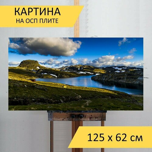 Картина на ОСП 125х62 см. "Пейзаж, гора, воды" горизонтальная, для интерьера, с креплениями