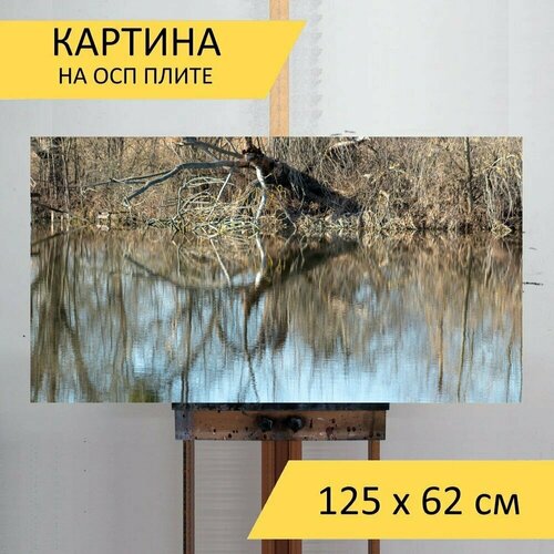 Картина на ОСП 125х62 см. "Пейзаж, река, воды" горизонтальная, для интерьера, с креплениями