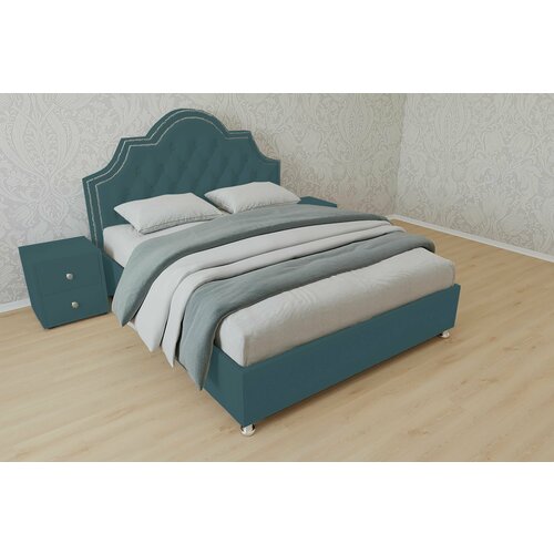 Двуспальная кровать Мирабель 140x200 с подъемным механизмом и с коробом для белья велюр бирюзовый ножки 13 см хром