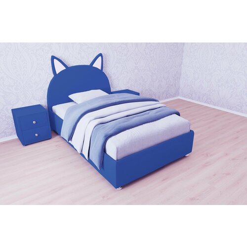 Односпальная кровать Китти 90x200 основание металлическое с ламелями велюр синий ножки 13 см хром