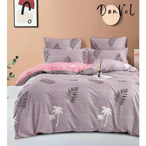 Комплект постельного белья Denvol 2 спальное-Сатин пододеяльник 180х220 на молнии, простыня на резинке 160х200(+25), 2 наволочки 70х70, фиолетовый, розовый