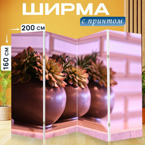 Ширма перегородка с принтом "Цветы, ваза, горшок" на холсте - 200x160 см. для зонирования, раскладная