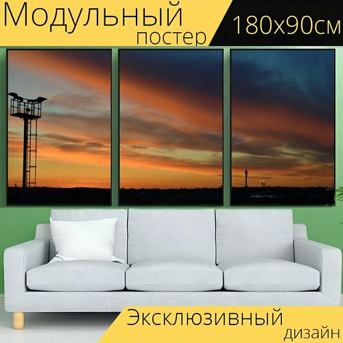 Модульный постер "Заход солнца, прага, панорама" 180 x 90 см. для интерьера