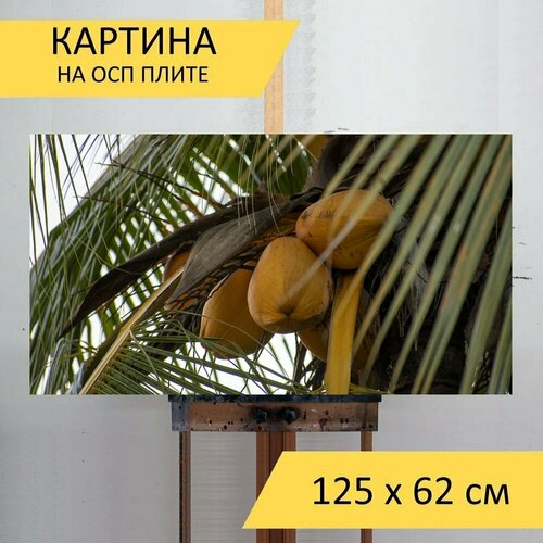 Картина на ОСП 125х62 см. "Дерево, кокос, фрукты" горизонтальная, для интерьера, с креплениями