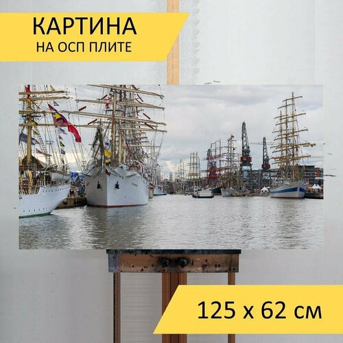 Картина на ОСП 125х62 см. "Высокие корабли расы, балтийское море, аурайоки" горизонтальная, для интерьера, с креплениями