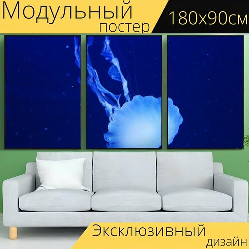 Модульный постер "Медуза, рыбы, синий" 180 x 90 см. для интерьера