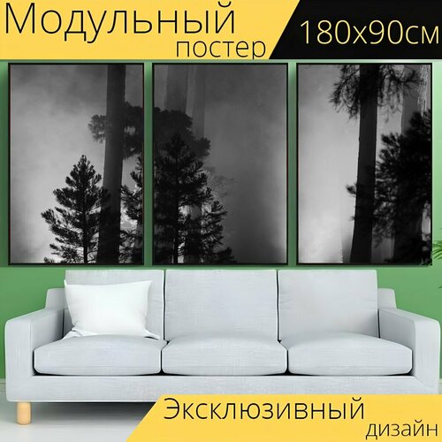 Модульный постер "Мистический, туман, лес" 180 x 90 см. для интерьера