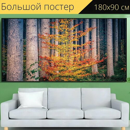 Большой постер "Лес, ствол дерева, осенние листья" 180 x 90 см. для интерьера