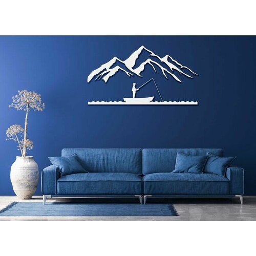 Декоративное металлическое панно, Рыбак и горы (белый цвет)