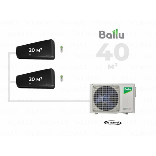 Инверторная мульти сплит-система Ballu на 2 комнаты (20 м2 + 20 м2) BA2OI-FM/out-14HN8/EU_BL + 2*BSUI-FM/in-07HN8/EU_BL, комплект, чёрный