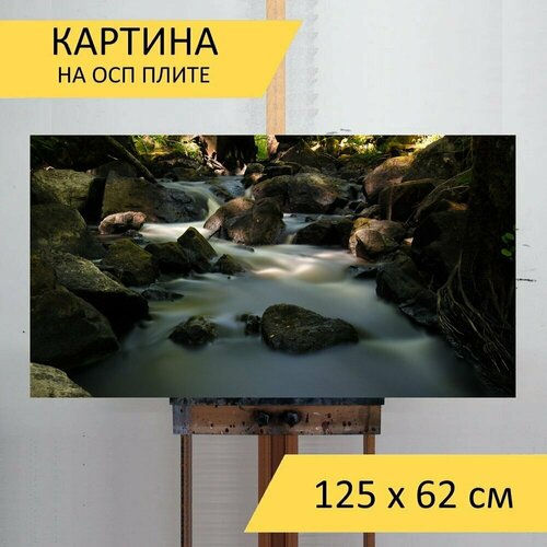 Картина на ОСП 125х62 см. "Вода, пороги, лето" горизонтальная, для интерьера, с креплениями