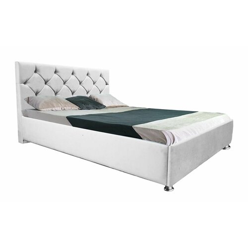 Двуспальная кровать Сирия 140x200 основание металлическое с ламелями велюр белый ножки 5 см