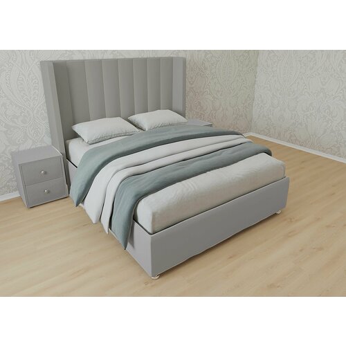 Двуспальная кровать Женева 140x200 основание металлическое с ламелями велюр серый ножки 13 см хром