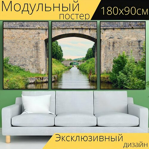 Модульный постер "Река, мост, архитектура" 180 x 90 см. для интерьера