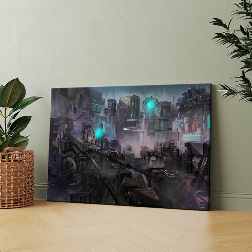 Картина на холсте (Футуристический город с роботом на переднем плане) 20x30 см. Интерьерная, на стену.
