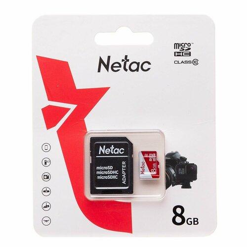 Карта памяти Netac P500 Eco MicroSD, 8 Гб, с SD адаптером, class 10, 1 шт